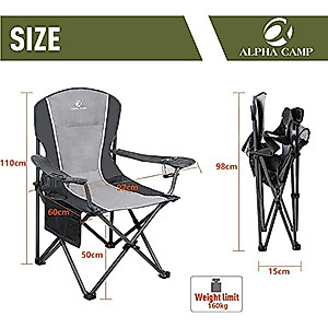 ALPHA CAMP Oversized Camping Folding Chair Heavy Duty Steel Frame Support 350 LBS Collapsible Arm Chair with Cup Holder Quad Lumbar Back Chair Portable for Outdoor/Indoor