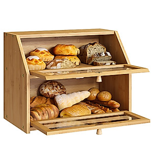 Bread Storage Farmhouse Bread Box For Kitchen Countertop Bread Container With Clear Window Breadbox Double Layer Bamboo Wooden Extra Large Capacity Bin Kitchen Food Storage Container(Trapezoid)Self-Assembly