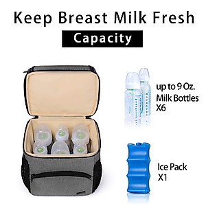 Teamoy Double Layer Breastmilk Cooler Bag with Ice Pack, Travel Baby Bottle Cooler Bag Tote Up to 6 Large 9 Ounce Bottles, Gray