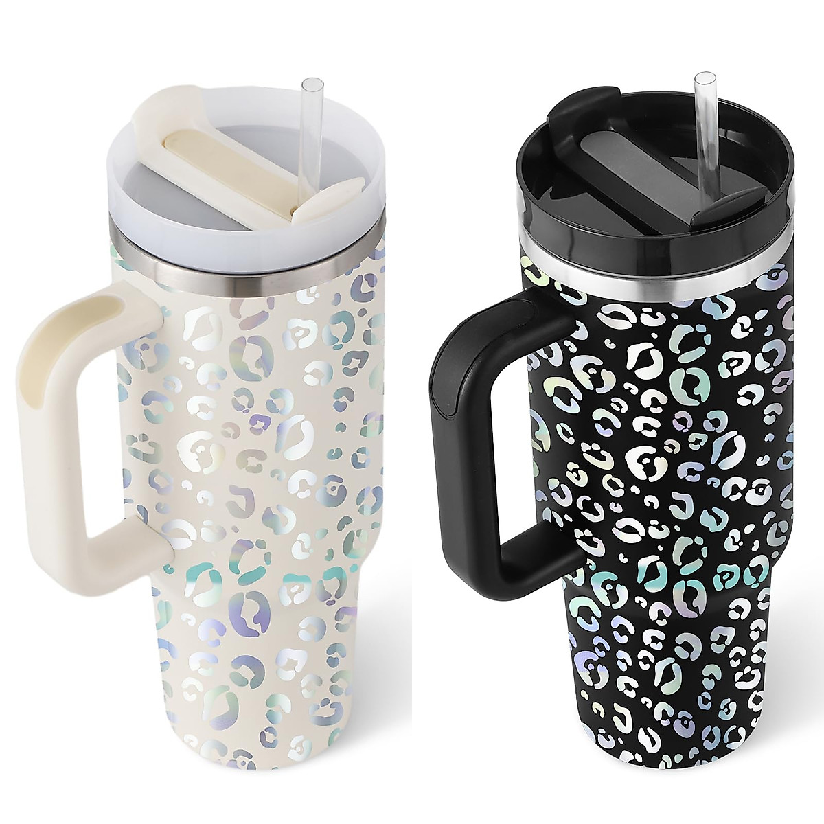 Ochapa 40 oz Tumbler with Handle Leopard Straw Lid Insulated Stainless Steel Vacuum Reusable Cup Holder Friendly Keep Drinks Cold Gifts for Women Lover Car Gym Travel, White Cheetah+Black Cheetah