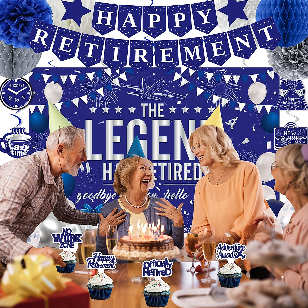 Retirement Party Decorations Blue Silver Happy Retirement Decorations for Men Women, Happy Retirement Banner, Retired Backdrop, Balloons, Pompoms, Hanging Swirl, Retirement Card, Cake Topper Set 54pcs