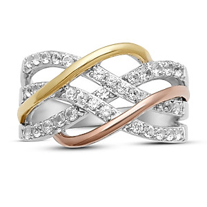 Jewelili Sterling Silver with 10K Rose and Yellow Gold 1.5MM and 1.7MM Round Created White Sapphire Engagement Ring, Size 7