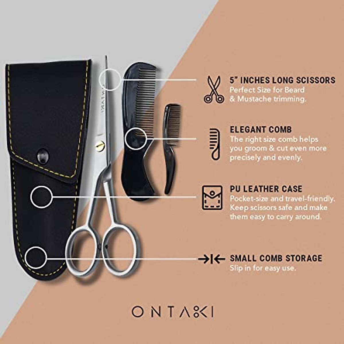 ONTAKI 5" Professional German Steel Beard & Mustache Barber Scissors - 2 Comb & Carrying Pouch - Hand Forged With Bevel Edge For men - Men’s Facial Hair Grooming Kit Body or Facial Hair (Silver)