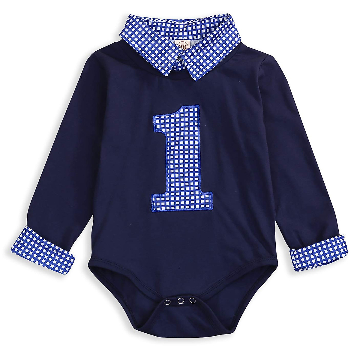 Baby Boy First Birthday Clothes Plaid Stand Collar Long Sleeve Romper Jumpsuit Cake Smash Outfit (Navy Blue, 15 Months)