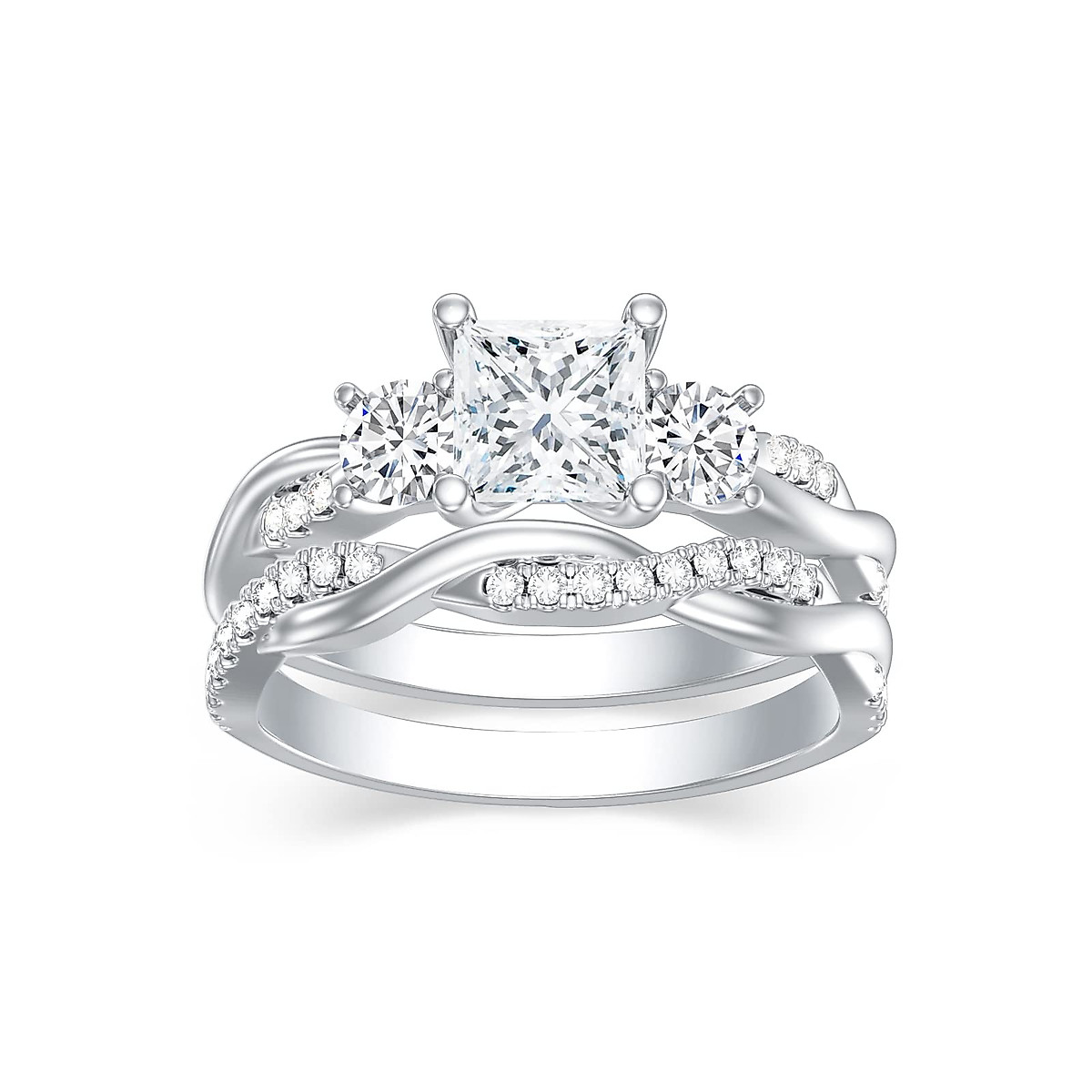 1.46 Carat (ctw) Princess Cut Moissanite Twisted Bridal Sets Engagement Ring Set for Women, White Gold Wedding Band Engagement Rings, Customizable Sterling Silver, 10k gold, 14k gold, 18k gold (White)