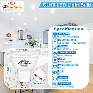 winshine GU10 LED Bulb, 50W Halogen Equivalent, 5000K Daylight, GU10 Light Bulbs Halogen Replacement for Track Lighting, MR16 Shape 2 Prong Base, 120°Beam Angle 550LM 120V CRI85+ Non-Dimmable 6 Pack