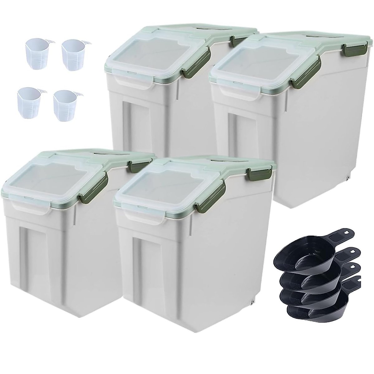 RUIAN Large Airtight Storage Container,25lb Flour Rice Storage Containers Bin with Wheels Seal Locking Lid, with Measuring Cup&Scoop for Flour, Rice, Grain(Green, 4PCS)