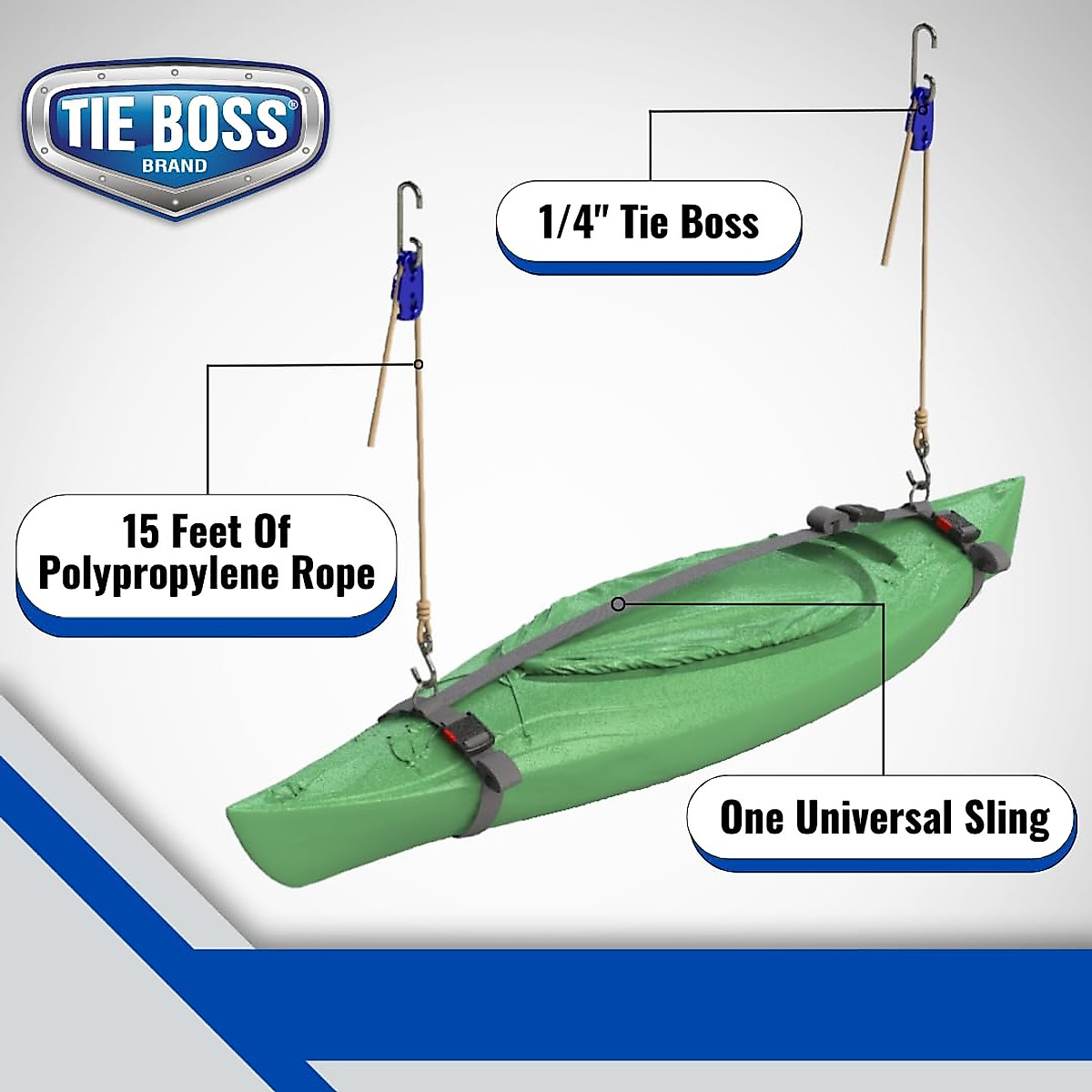 Tie Boss Kayak Hanger, Cargo Ceiling Storage, Overhead Storage, Watercraft Garage Storage, Hoist System. Green