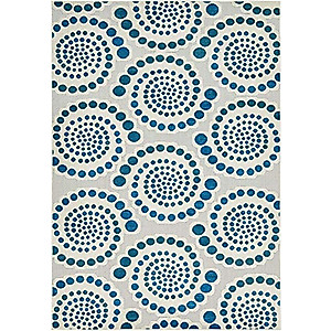 Unique Loom Modern Collection Geometric, Contemporary, Circles, Swirls, High-Low Pile, Indoor and Outdoor Area Rug, 7 ft x 10 ft, Ivory/Teal