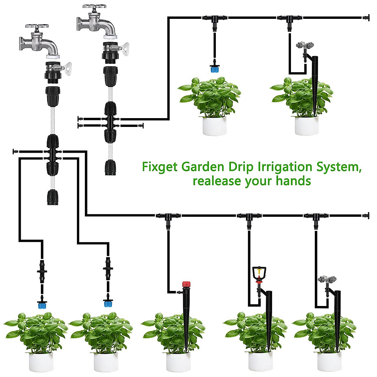 Drip Irrigation Kits, Fixget 43/141ft Garden Irrigation System with Adjustable Automatic Irrigation Set, DIY Plant Watering System for Saving Water Mist Cooling of Garden Greenhouse Patio Lawn