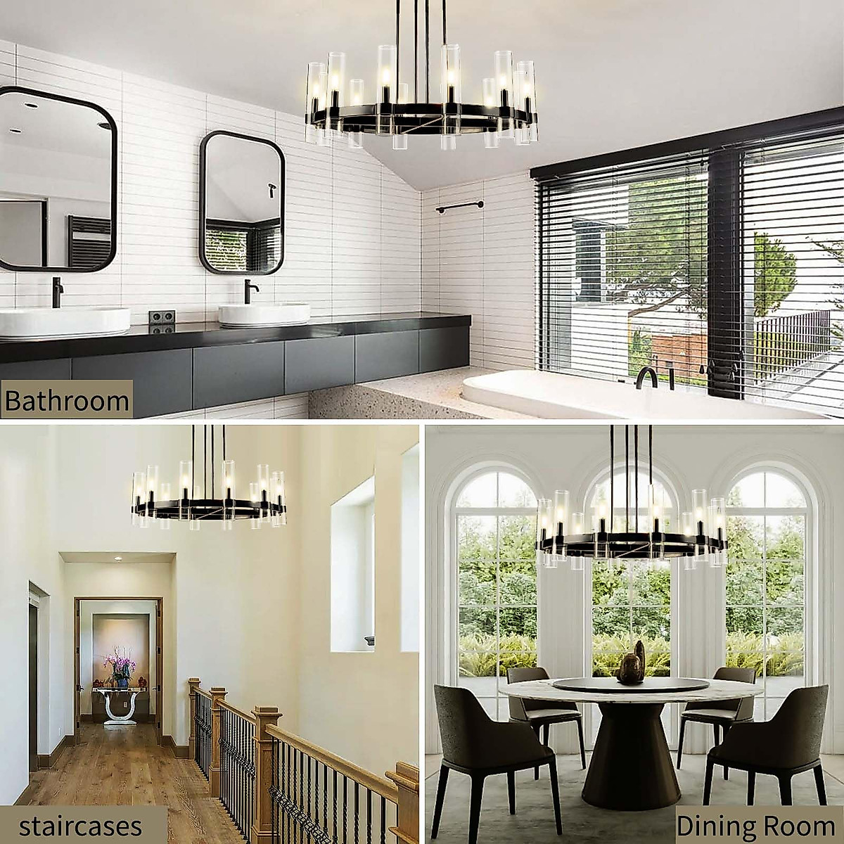 Knurldon 12-Light Black Round Chandelier 36'' Wagon Wheel Chandeliers for Dining Room Light Fixture Clear Glass Tube Chandelier Modern Farmhouse Chandeliers for Living Room Bedroom, Bulb Included