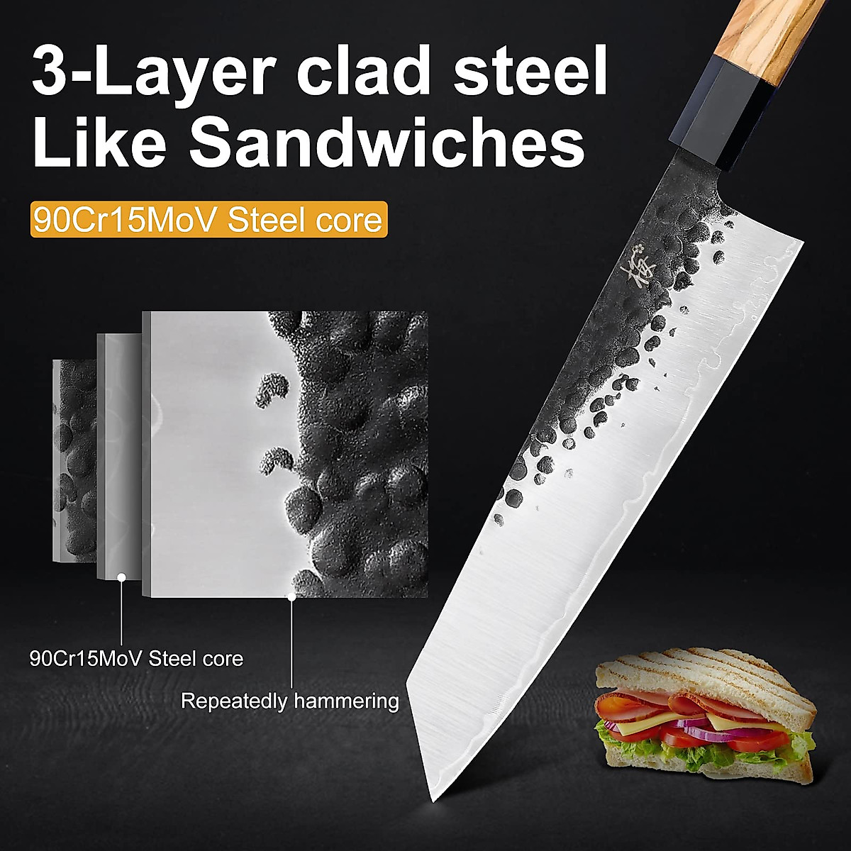 Ink Plums 9 Inch Kitchen Kiritsuke Chef Knife, High Carbon Stainless Steel With Professional Hand Forged Cooking Knife, (Olivewood Handle & Gift Box)