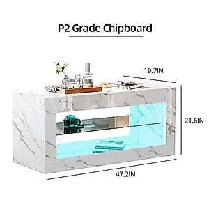 Coffee Tables for Living Room, Modern High Gloss Marble Print Center Table with Glass Open Storage and LED Lights - Stylish Home Decor for Coffee and More, White with Gloss