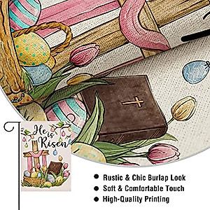 Artofy He is Risen Easter Eggs Cross Religious Small Decorative Garden Flag, Tulip Flowers Faith Yard Lawn Outside Decor, Spring Burlap Outdoor Home Decoration Double Sided 12 x 18