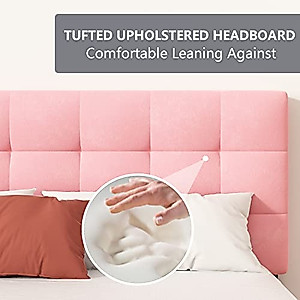 UNIZONE Queen Size Upholstered Bed Frame with Tufted Headboard, Velvet Platform Bed with Headboard, Wood Slats Support, Mattress Foundation, No Box Spring Needed, Easy Assembly, No Squeak, Pink