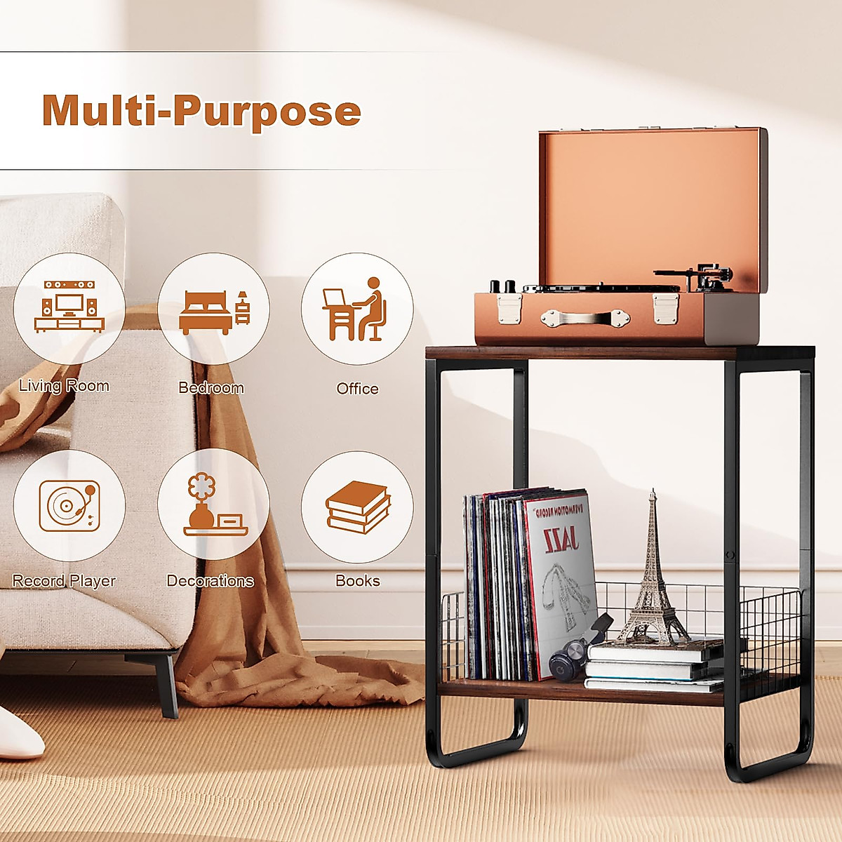 Emfogo Record Player Stand, 2 Tier Record Player Table Turntable Stand with Vinyl Record Album Storage, Retro Nightstand Small End Table for Living Room Bedroom Office(Rustic Brown)