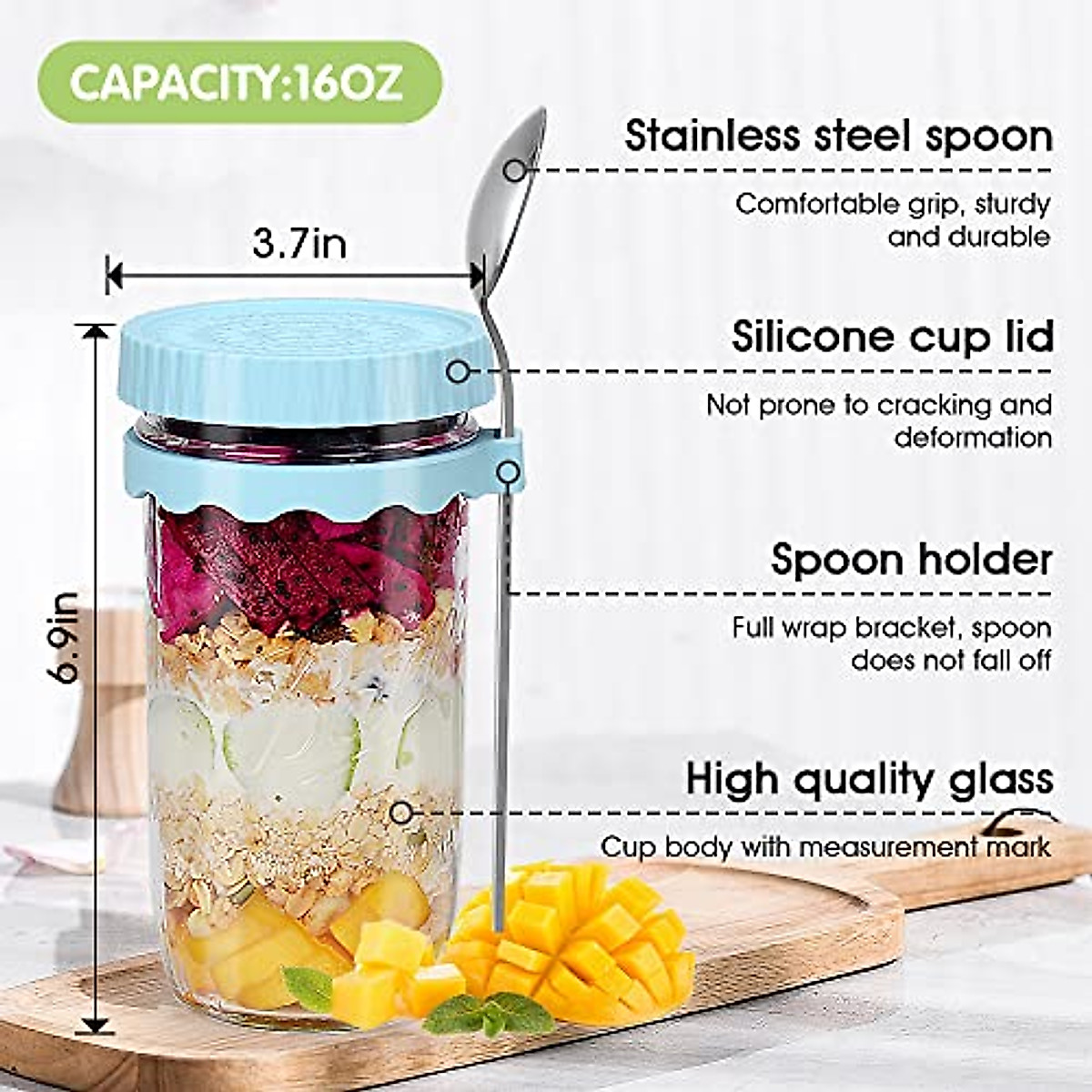 Overnight Oats Jars, Overnight Oats Containers with Silicone Lid and Spoon 16 oz,for Oats Yogurt,Milk,Fruit,breakfast,Leak-Proof Reusable Portable with Measurement Marks Food Storage Container (White+Blue+Green)