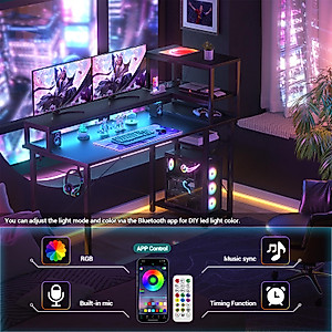 Cyclysio Gaming Desk 47", Computer Desk with Reversible Storage Shelves, Home Office Desk with Power Outlets & RGB Led Lights, Small Desk for Gaming, Studying, Working, Black