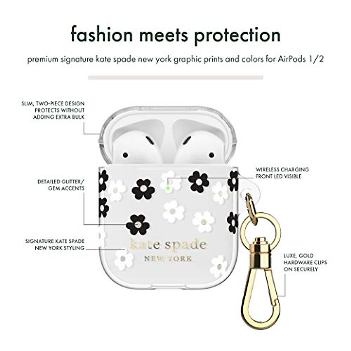 kate spade new york Scattered Flowers Case for AirPods 2 & 1 - Protective Wireless Charging Cover with Keychain (Front LED Visible)