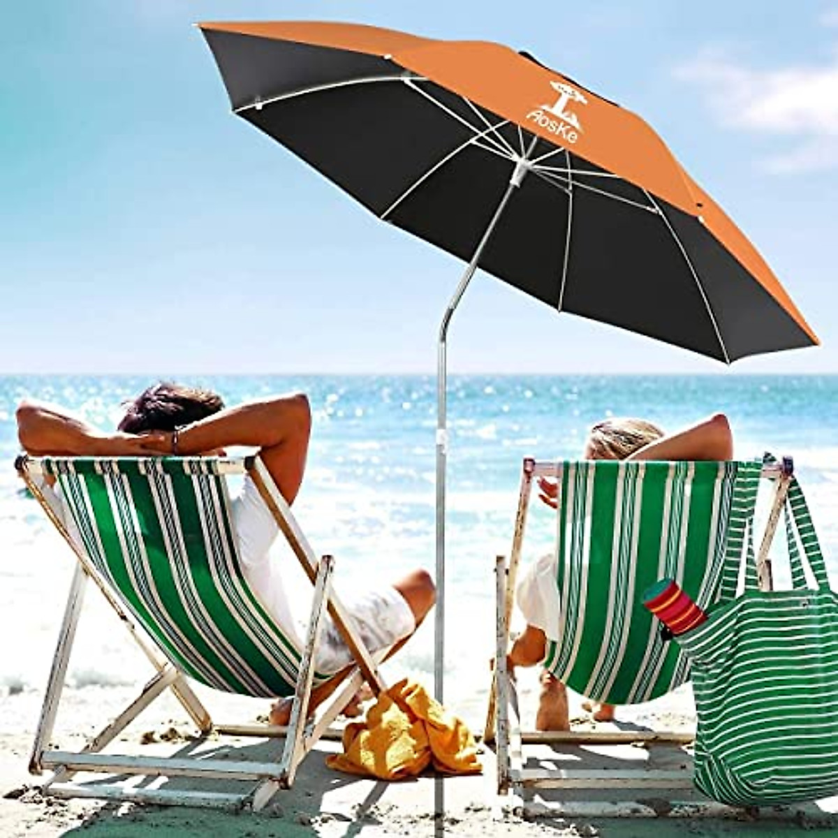 AosKe Beach Umbrella UV 50+,Umbrella with Sand Anchor & Tilt Aluminum Pole, Outdoor Sunshade umbrella with handbag, Portable Beach Umbrella with Carry Bag for Beach Patio Garden Outdoor- Orange