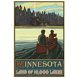 Art of Place Minnesota Lake Canoers Forest Cabin Giclee Art Print Poster from Travel Artwork by Artist Paul A. Lanquist 12" x 18"