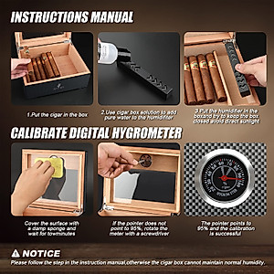 XIFEI Cigar Humidor, Glass Top Carbon Fiber Texture top Inlay Hygrometer,Including Cigar humidifier, Acrylic Cigar Stand,Cigar Ashtray and Humidor Solution, Holds 25-60 Cigars (9IN*7.5 * 2.8)