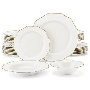 MALACASA Bone China Dinnerware Set, 32 Piece Round Plates and Bowls Sets for 8, White Dinnerware Sets with Golden Rim, Lightweight Dishes Set with Plate and Bowl Set, Series LOTUS