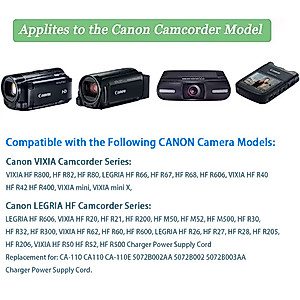 TKDY CA-110 Camcorder Charger CA110 Power Cable Kit for Canon VIXIA HF M50 R800 R80 R700 R500 M52 M500 HF-R70 HF-R72 HF-R700 R50 R52 R60 R200 R300, LEGRIA HF R206 R26 Cameras AC Adapter.