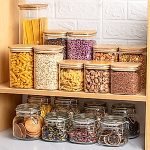 Laramaid 40oz 4Packs Glass Jars Set, Square Pantry Jars with Bamboo Lids, Black Labels and White Pen, Food Storage Containers for Home, Kitchen and Pantry