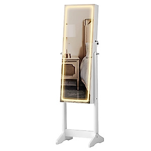 SONGMICS LED Mirror Jewelry Cabinet, Adjustable Brightness and 3 Shades of Light, Standing Jewelry Armoire with Full-Length Mirror, Jewelry Organizer with Built-in Mirror and Lights, White UJJC016W01