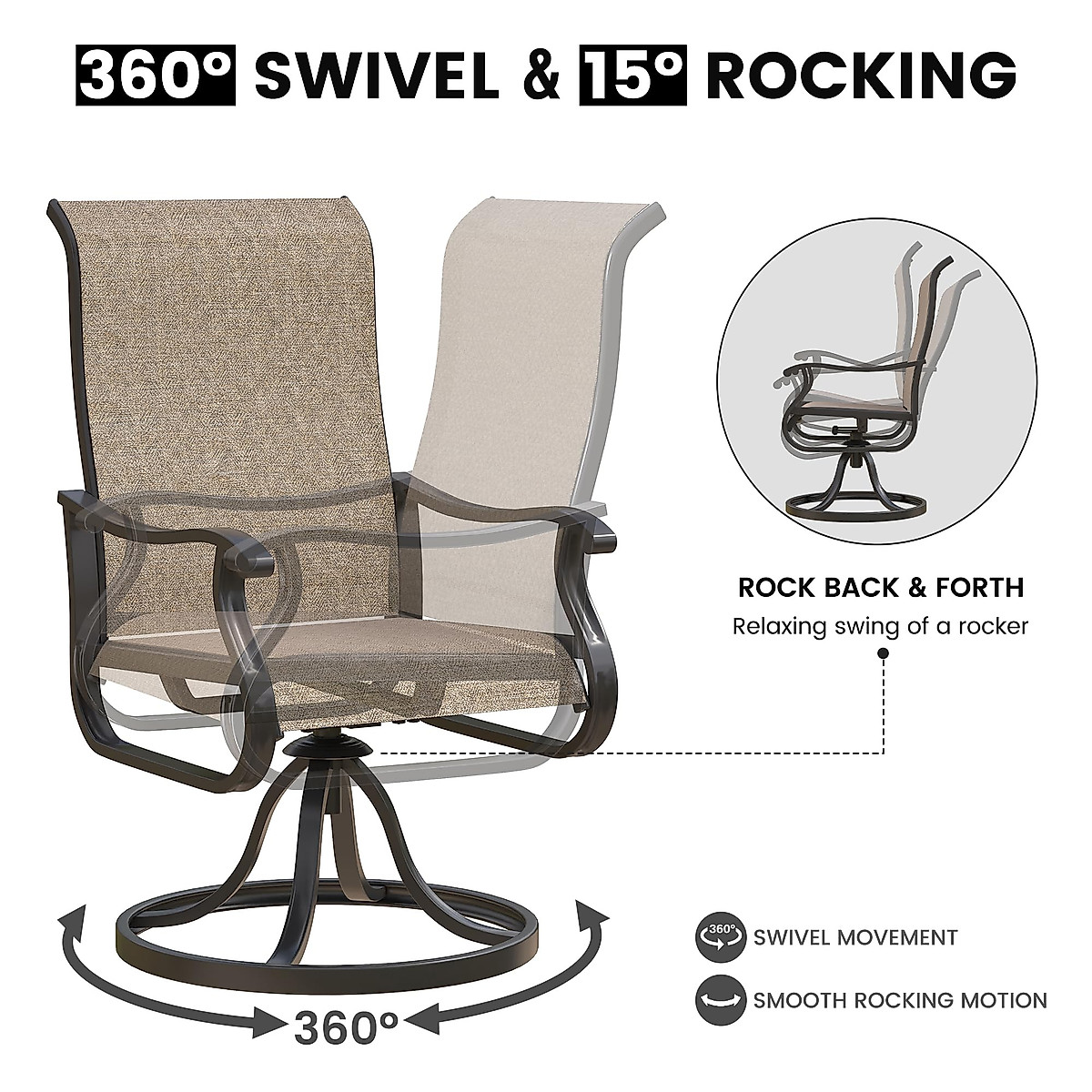 VONZOY Patio Swivel Chairs Set of 2, Outdoor Dining Chairs with High Back, All-Weather Swivel Rocker Chair for Lawn, Porch or Garden (Brown)