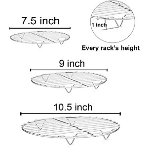 TeamFar Round Cooling Rack Set of 3, 7½ & 9 & 10½ Inch, Stainless Steel Round Baking Steaming Rack Set, Fit for Oven/Pot/Air fryer, Healthy & Dishwasher Safe, Mirror Finish & Smooth Edge