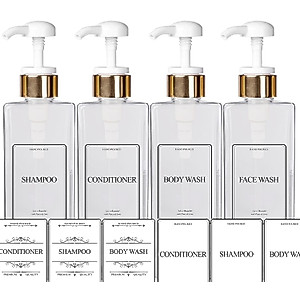 White Opaque Bottle with Gold White Head Empty Plastic Pump Bottles Square Shampoo Bottle Conditioner Soap Lotion Refillable, BPA Free for Body Wash, Moisturizer, Liquid Hand Soap, Set of 3