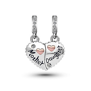 KunBead Heart Love Mother and Daughter Dangle Charms for Bracelets Birthday Gift for Mom for Women