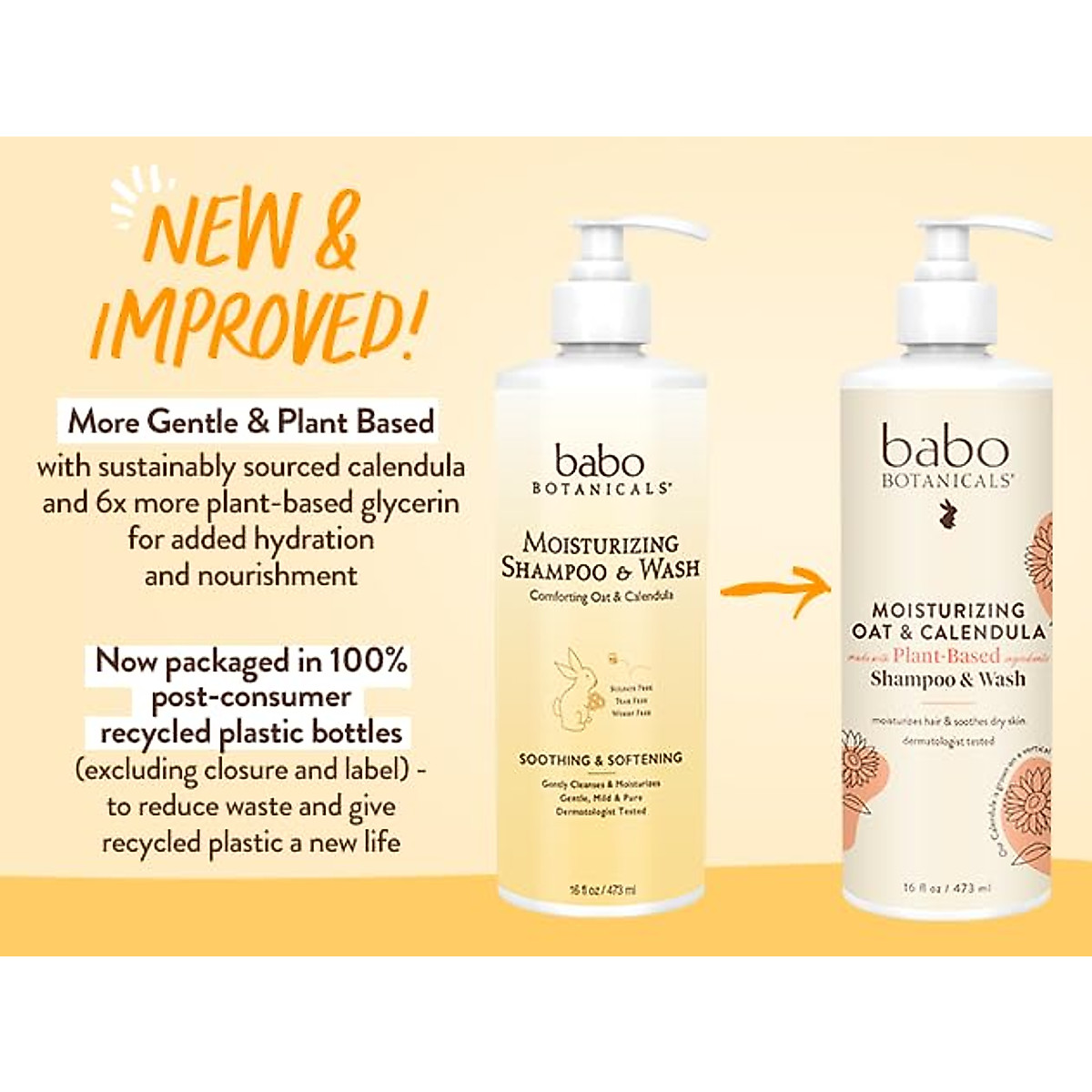 Babo Botanicals Moisturizing Oat & Calendula 2-in-1 Shampoo & Wash - For Dry or Sensitive Skin - For all ages - Lightly Scented - Vegan - 16 Fl Oz