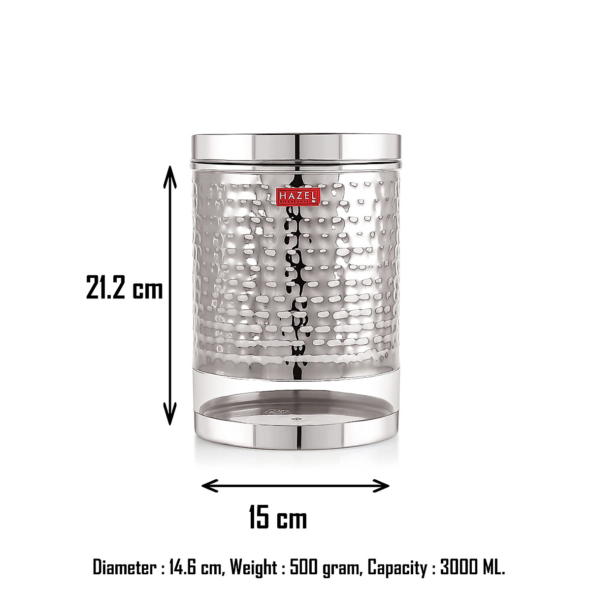 HAZEL Stainless Steel Kitchen Containers I Transparent Kitchen Container Set of 6, 3000 ml Each I Multipurpose Storage Box for kitchen containers set with Glossy Hammered Finish