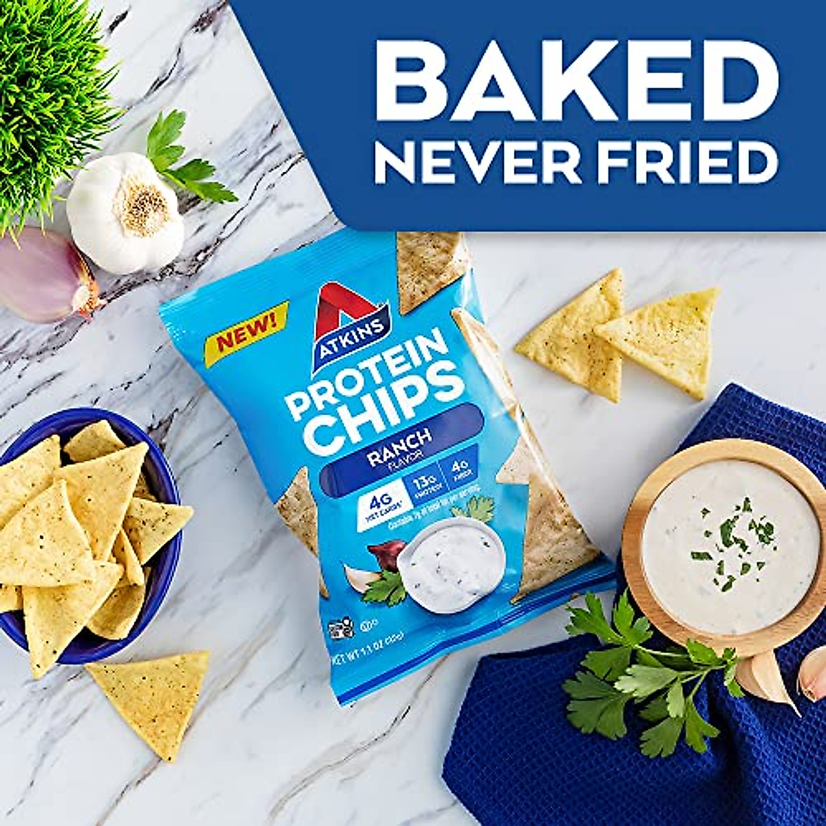 Atkins Ranch Protein Chips, 4g Net Carbs, 13g Protein, Gluten Free, Low Glycemic, Keto Friendly, 12 Count