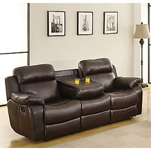 Homelegance Marille Reclining Sofa w/ Center Console Cup Holder, Brown Bonded Leather