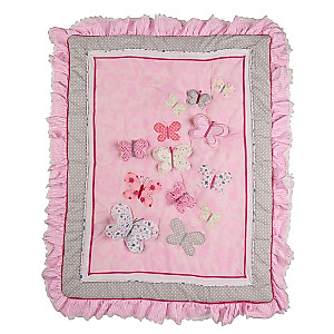 CribMATE 3 PCs Pink Embroidery Butterfly Nursery Crib Bedding Set Lace Trimmed Floral Butterfly Baby Girl Bedding Set Comforter Fitted Sheet Skirt Set