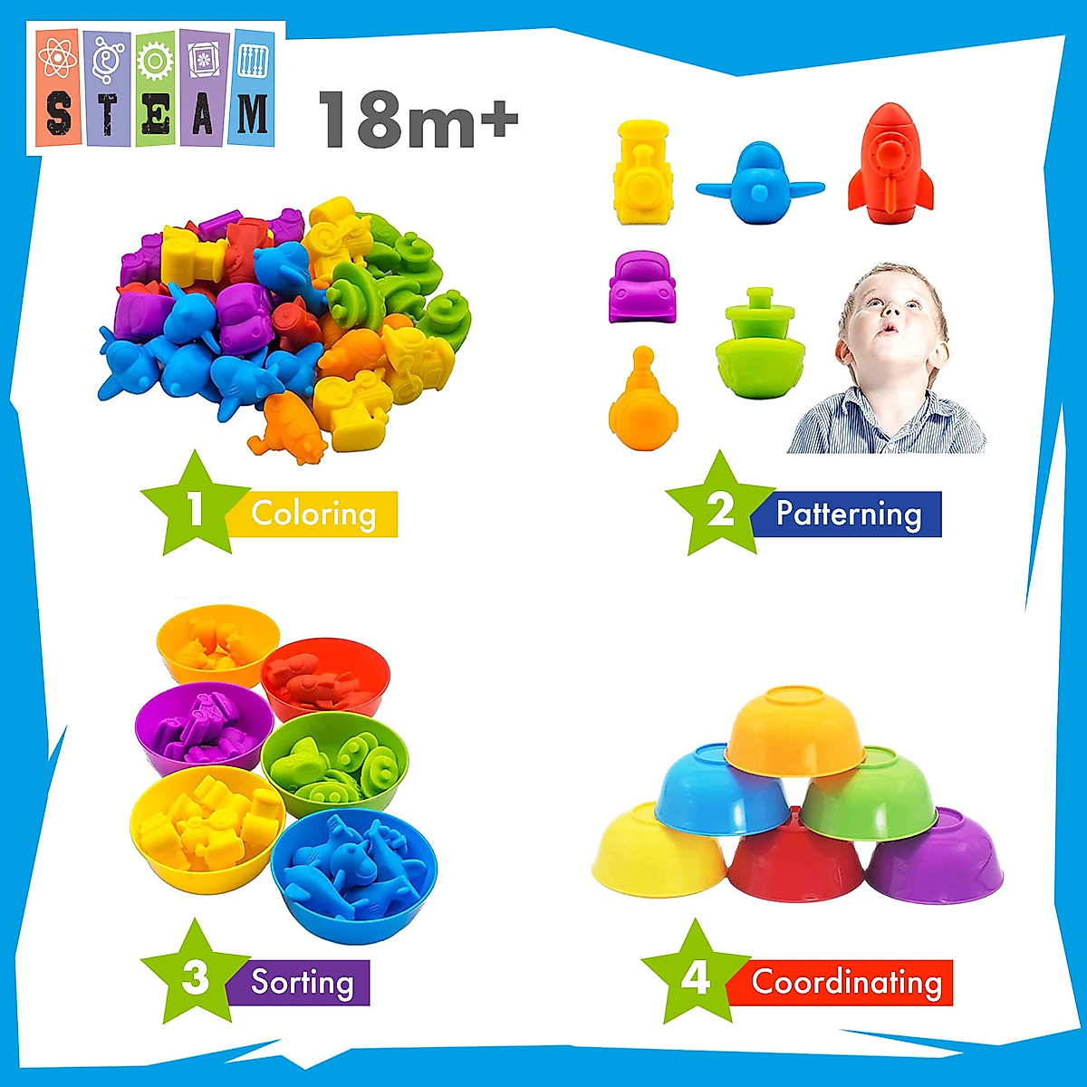 UNIQUE KIDS Counting Educational Learning Toy Set with Sorting Cups – Fun Color Classification and Math Training Game for Toddlers and Preschoolers Ages 3 and Up (Transport Vehicles)