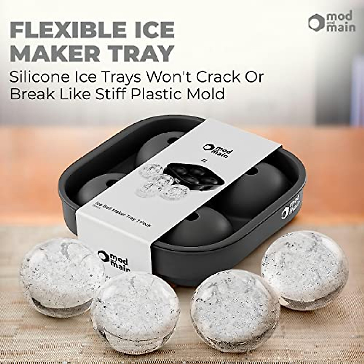 Mod And Main Ice Ball Maker Mold Makes 4 X 1.78" Ice Balls For Whiskey - Big Ice Cube Molds For Bourbon - Black Round Ice Cube Trays - Sphere Ice Cube Mold - Round Ice Cube Mold Ice Tray - 1pk