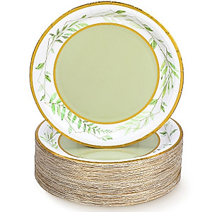 Tanlade 100 Pcs Sage Green Plates, 7'' Eucalyptus Paper Plates Decorative Disposable Gold Foil Greenery Plates for Baptism Baby Bridal Shower Wedding Jungle House Warming Decoration Party Supplies