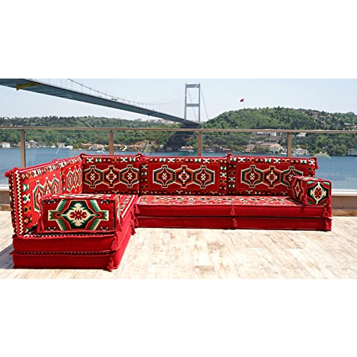 Red L Shaped Sectional Sofa, Terrace Arabic Sofa, Floor Cushions, Arabic Majlis, Poufs, Turkish Floor Seating Set, Sofa Covers, Sofa Bed (L Sofa Only)