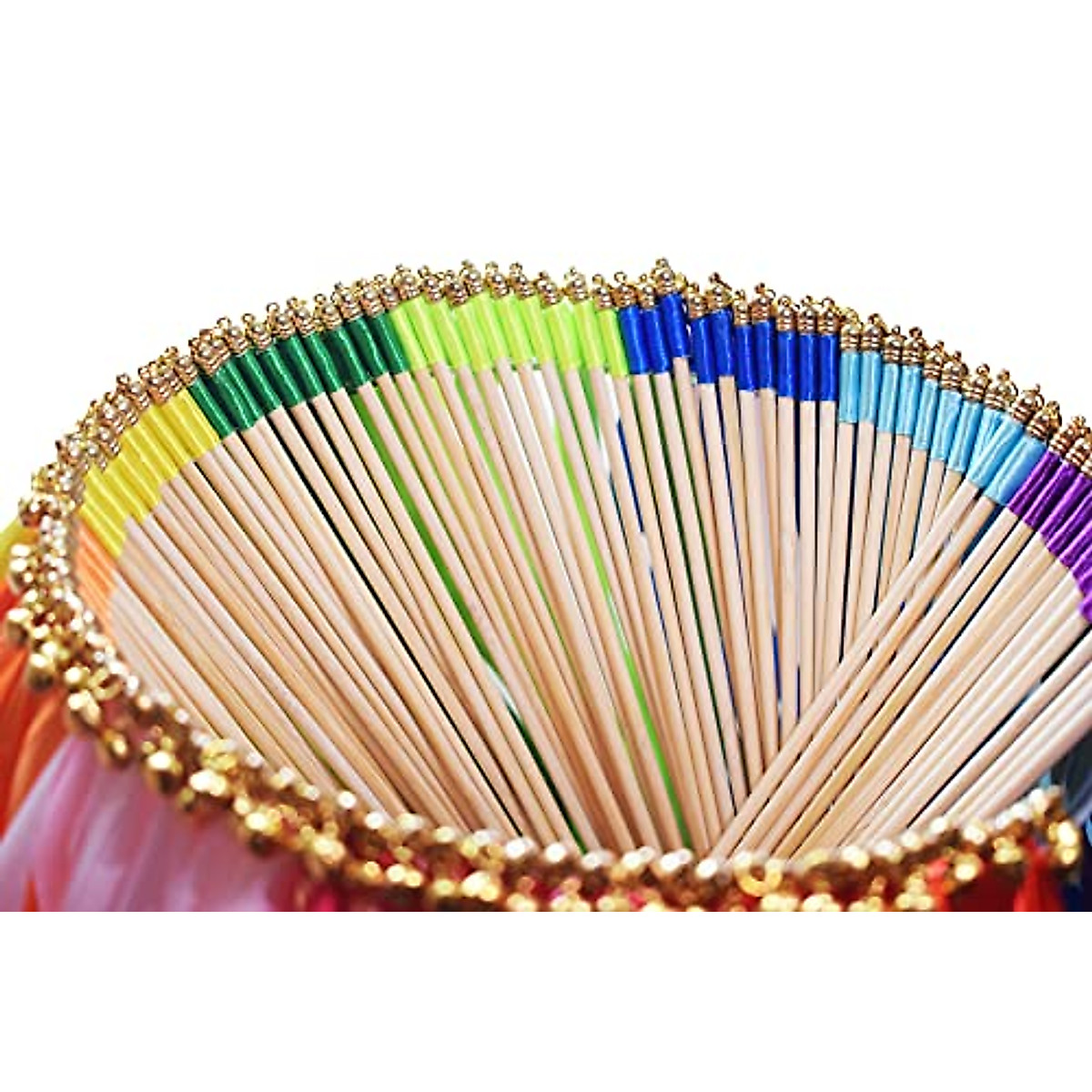 Kingsnow 100 Pieces Multi-Color Ribbon Wands Streamers Sticks with Gold Bell, Chromatic Silk Wish Wands Fairy Stick Party Rhythm Ribbon Streamers for Wedding Send Off Bridal Shower Party Photo Props Activities Holiday Celebration Favors