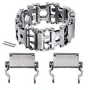 ONELANKS Stainless Tool Bracelet for Men Compatible for LEATHERMAN TREAD and Watch Band 29 in 1 Survival Hiking Camping Travel Friendly Multitools Wearable Bracelet （Silver）