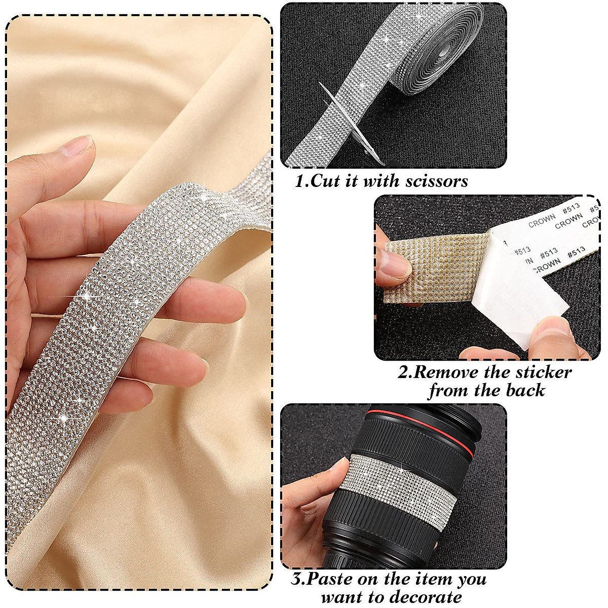 5 Rolls Self Adhesive Crystal Rhinestone Diamond Roll Ribbon Bling Gemstone Strips Sticker Rhinestone for Craft with 2 mm Rhinestone 4.5 Yards, DIY Event Car Phone Decoration (Silver)