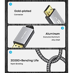 TECHTOBOX DisplayPort to HDMI Cable Adapter 6.6FT [4K@60Hz,2K@144Hz,2K@120Hz] [Nylon Braided,High Speed] Uni-Directional DP 1.2 to HDMI 2.0 Cord Compatible with HP,Lenovo,Dell,AMD,NVIDIA and More