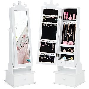 GOFLAME Kids Jewelry Armoire, Children’s Jewelry Cabinet with Full Length Mirror & Storage Drawers, Freestanding Jewelry Organizer for Girls, Birthday/Christmas Gift (White)