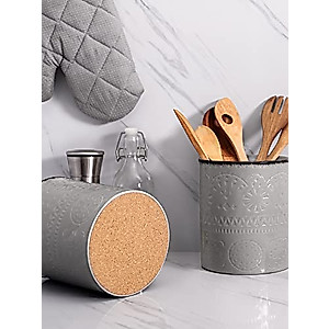 DOWAN Utensil Holder, 7.2" Extra Large Kitchen Utensil Crock for Countertop, Farmhouse Ceramic Utensil Organizer, Anti Slip & Scratch Cork Bottom, Grey Utensil Storage for Home Décor Gifts