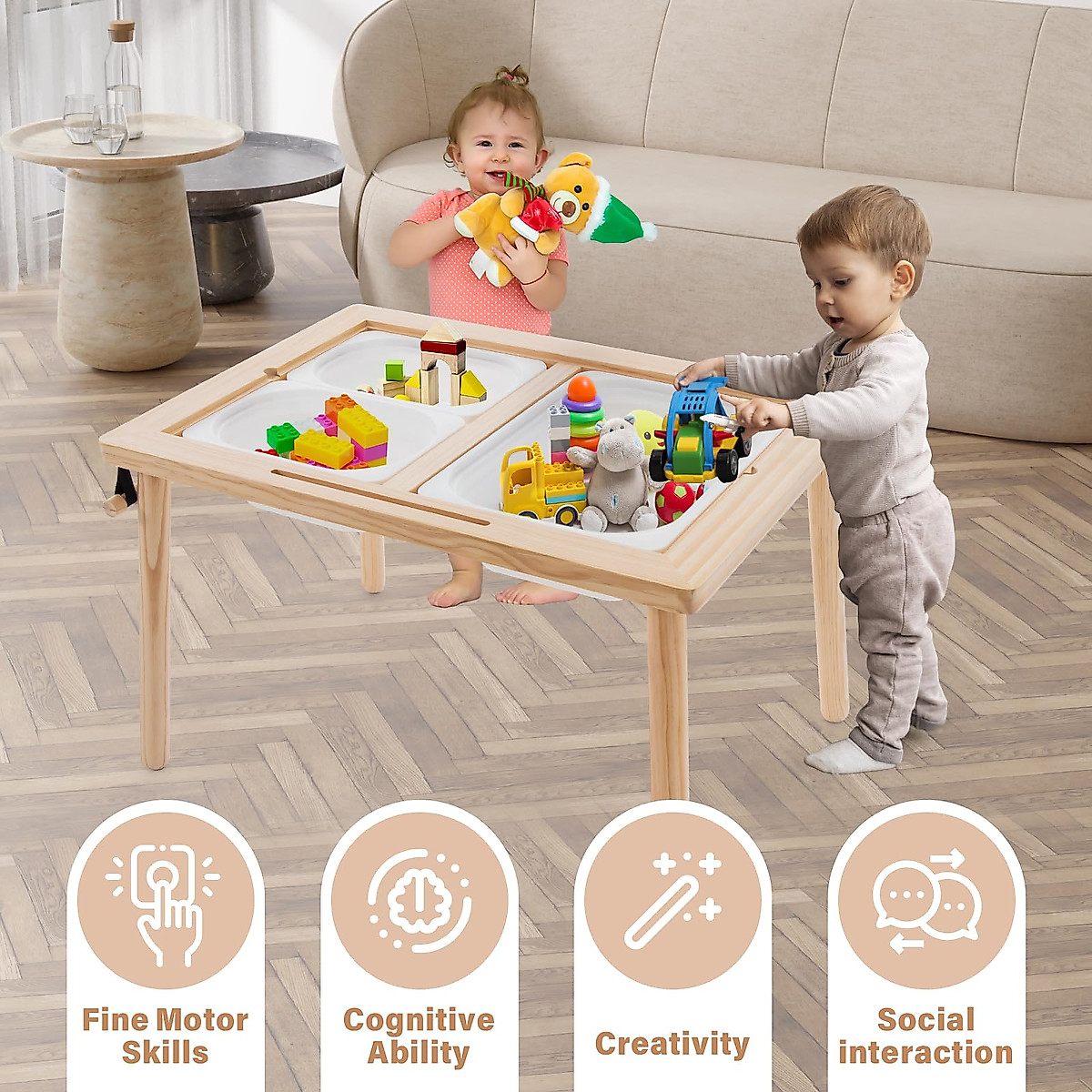 SOOPURKIDS Sensory Tables for Toddlers,Kids Table with 3 Storage Bins, Activity Table with 7 Sand Toys, Indoor/Outdoor Play Sand Table, Gifts for Boys and Girls